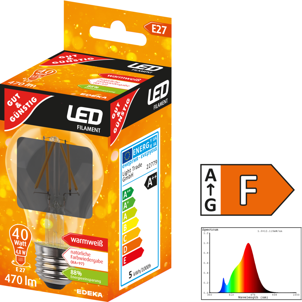 LED Filament Birne E27, 470 Lumen, 4,8 Watt | EDEKA